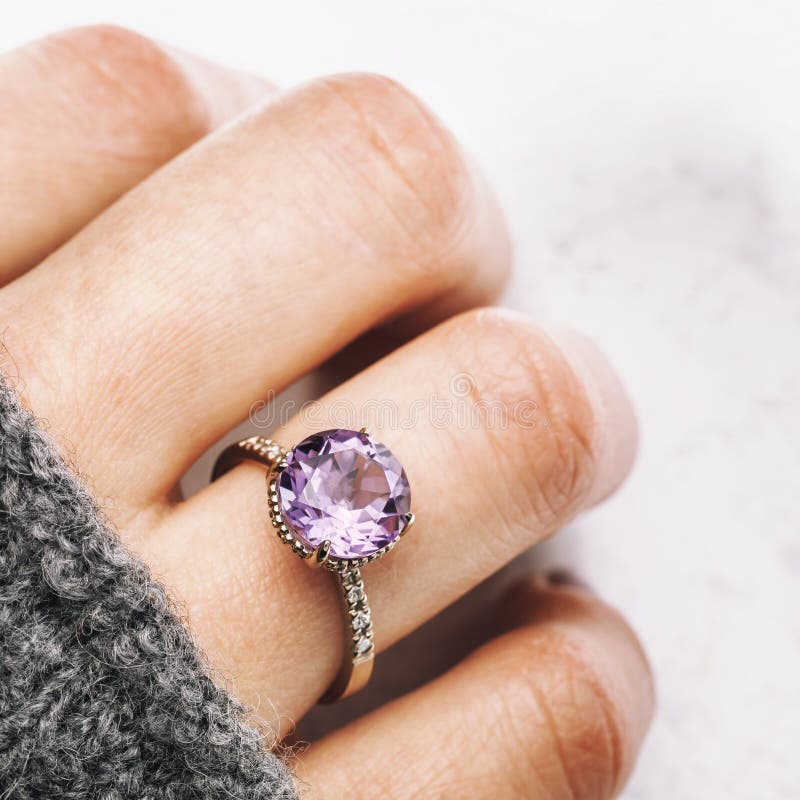 Beautiful White Gold Hand Ring with Amethyst and Small Diamonds Stock ...