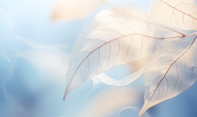 Beautiful White Leaves on Blue Background with Bokeh Effect. Stock ...
