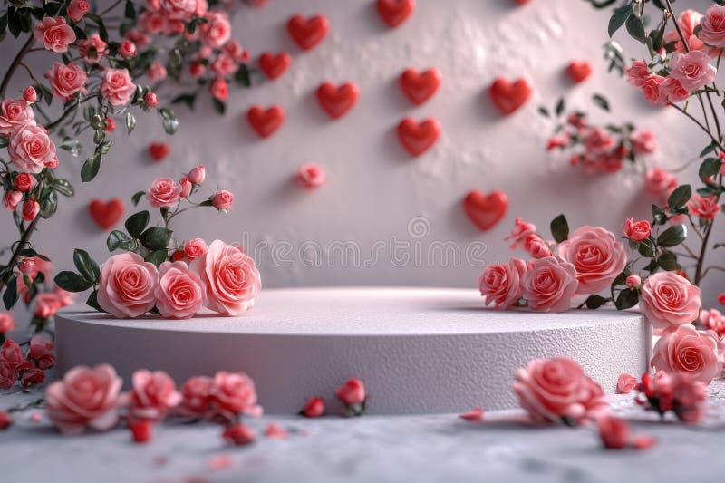 A Beautiful White Platform Surrounded by Pink Roses and Hearts Stock ...