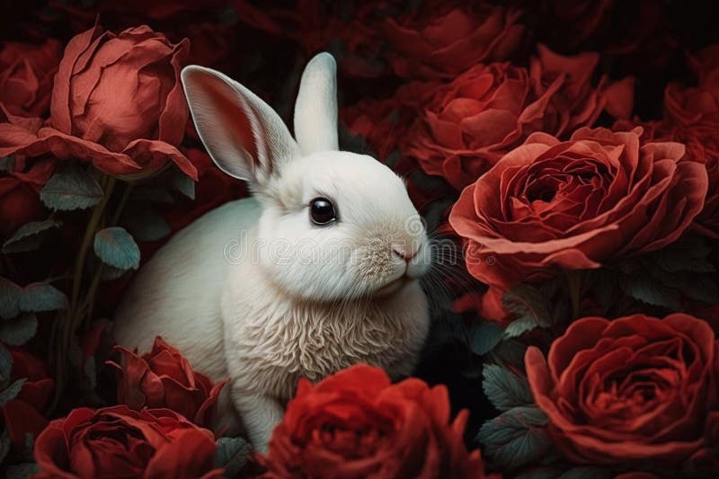 Beautiful White Rabbit among Red Roses. Ai Generated Stock Illustration ...