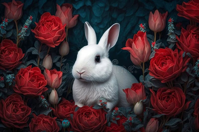 Beautiful White Rabbit among Red Roses. Ai Generated Stock Illustration ...