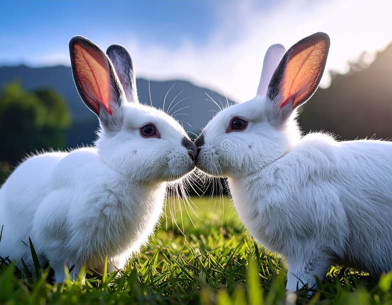 Beautiful White Rabbits on the Green Grass, Rubbing Each Other S Nose ...