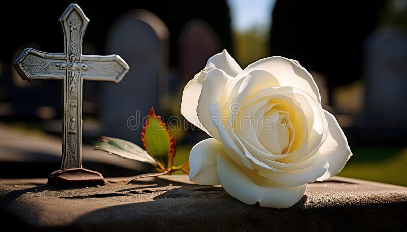 Beautiful White Rose on Catholic Cemetery with a Grave Marker and Cross ...