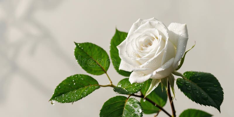 Beautiful White Rose with Dew Drops on Green Leaves. Stock Illustration ...
