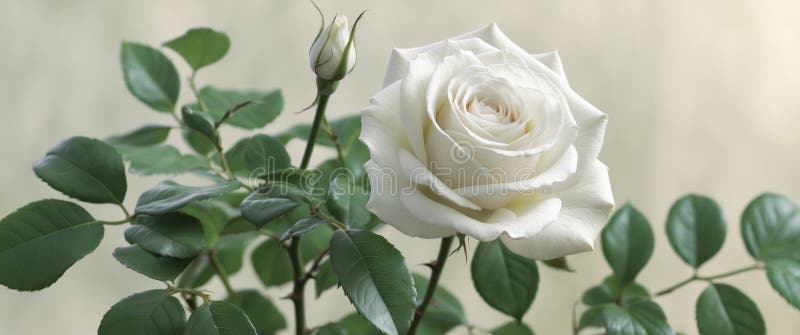 Beautiful White Rose with Green Leaves on a Light Background Stock ...