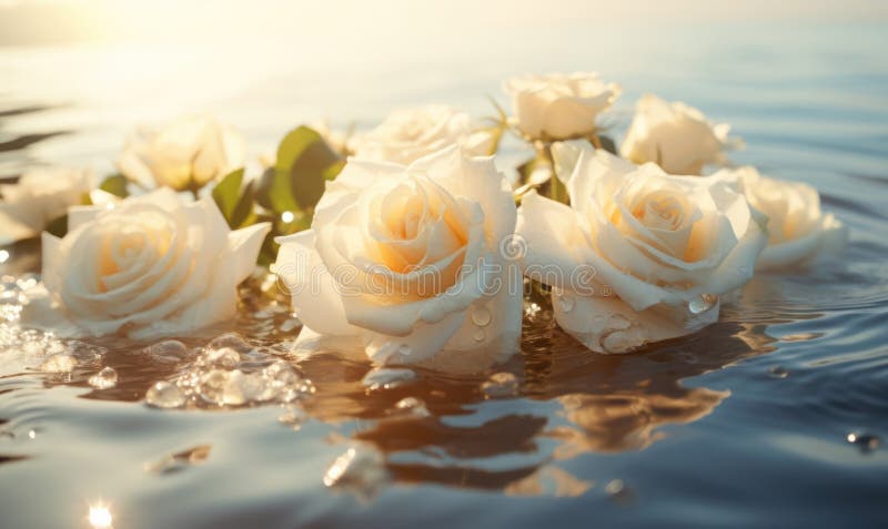 Beautiful White Roses on the Water Surface with Sunlight in the Morning ...