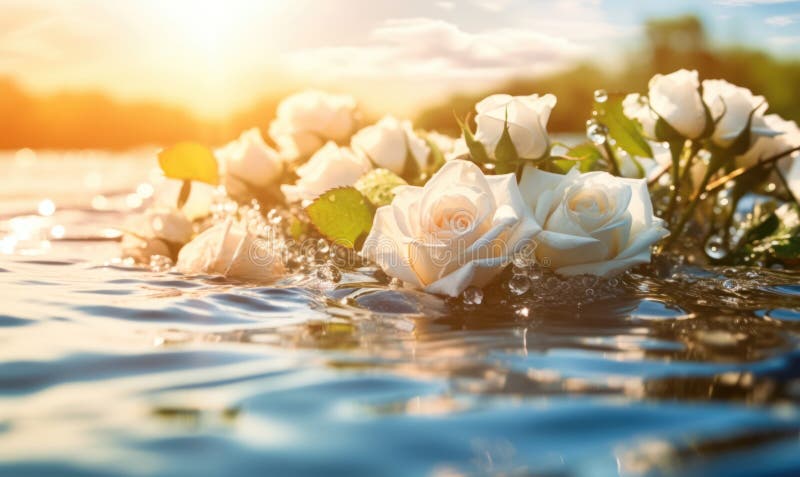 Beautiful White Roses on the Water Surface with Sunlight in the Morning ...
