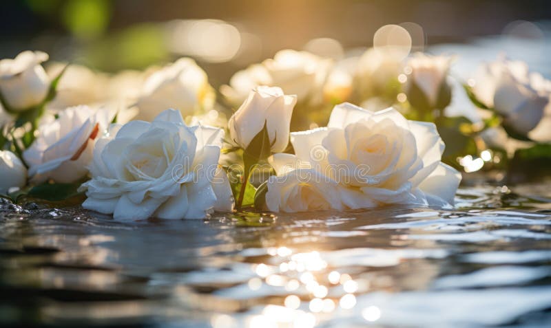 Beautiful White Roses on the Water Surface with Sunlight in the Morning ...