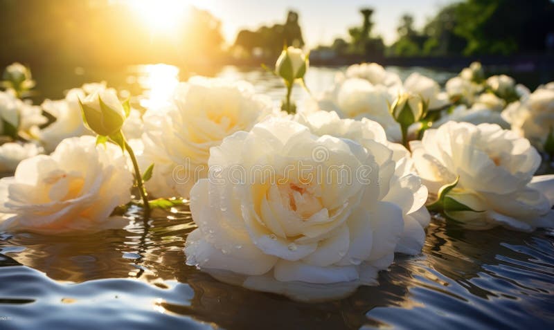 Beautiful White Roses on the Water Surface with Sunlight in the Morning ...