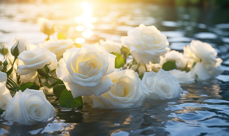 Beautiful White Roses on the Water Surface in Sunset Light. Romantic ...