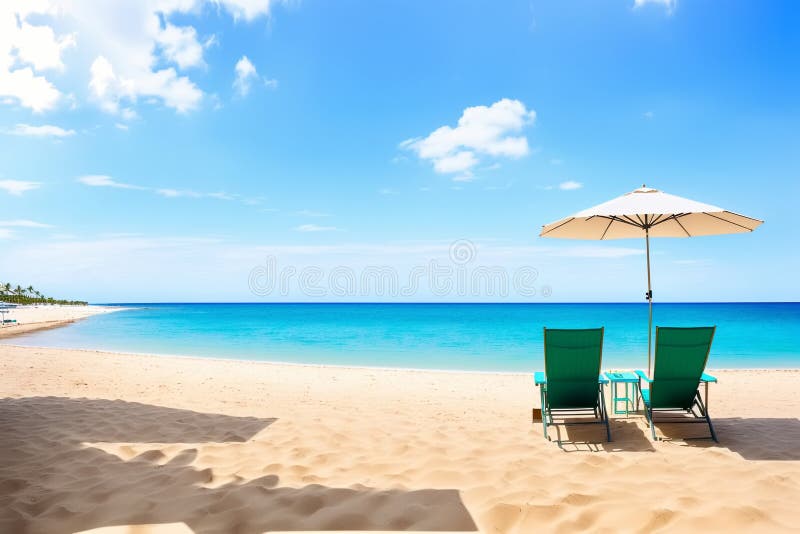 Beautiful White Sand Beach with Chaise Lounge and Umbrella. Generative ...