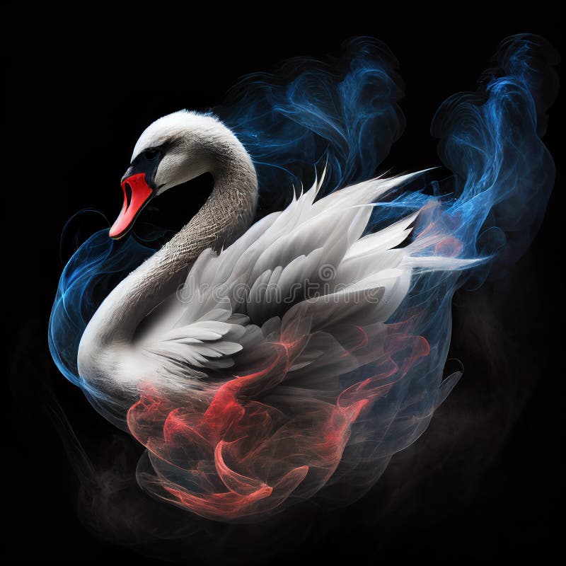 Beautiful White Swan with Smoke, Red and Blue and Black Background AI ...
