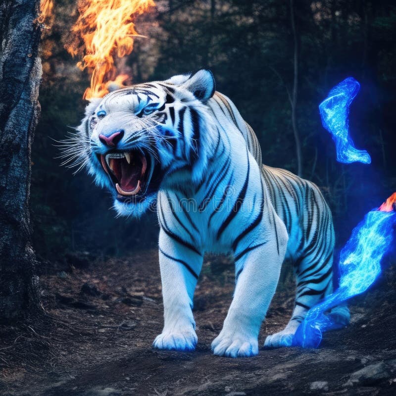 Beautiful White Tiger with Blue Fire Flames in the Dark Forest Stock ...