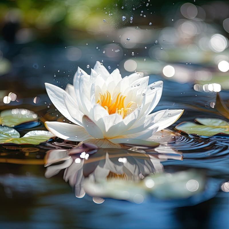 Beautiful White Water Lily with Dew Drops on the Water Surface Stock ...