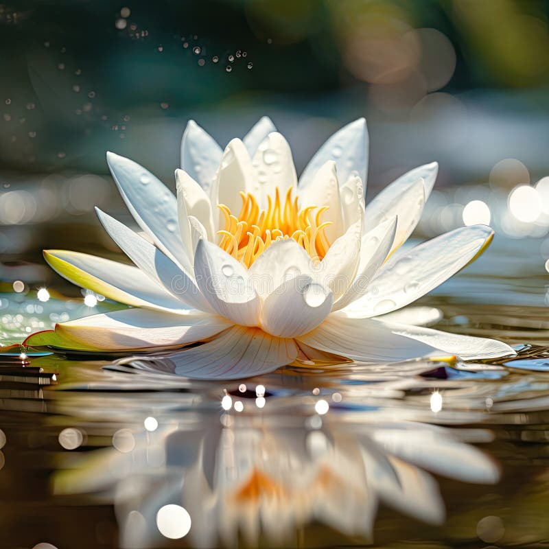 Beautiful White Water Lily with Dew Drops on the Water Surface Stock ...