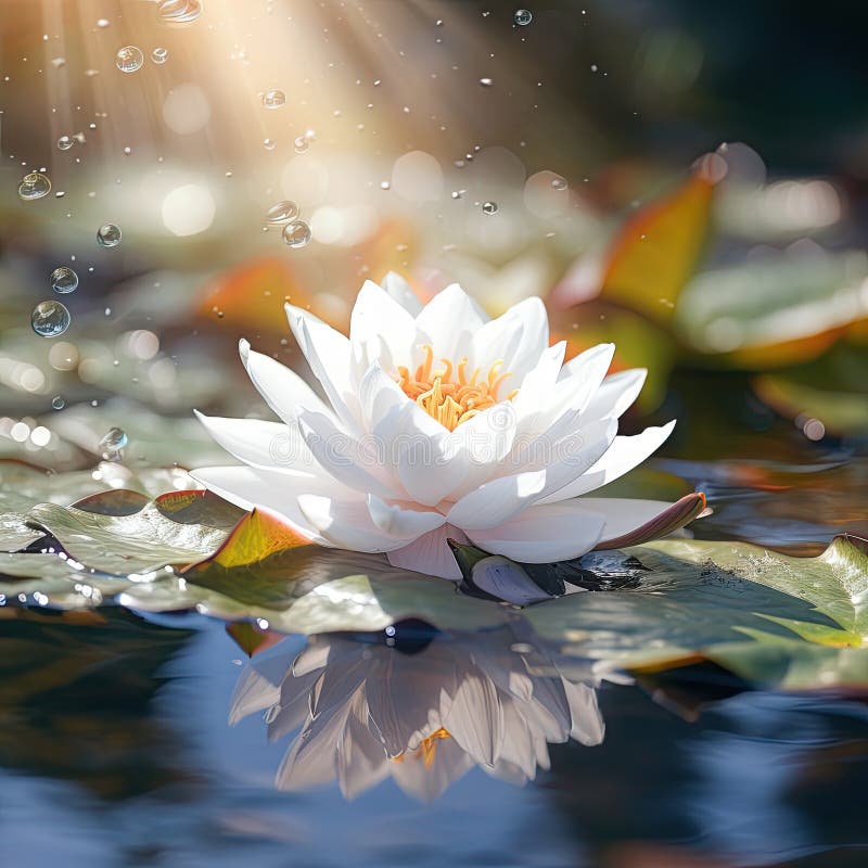 Beautiful White Water Lily with Dew Drops on the Water Surface Stock ...