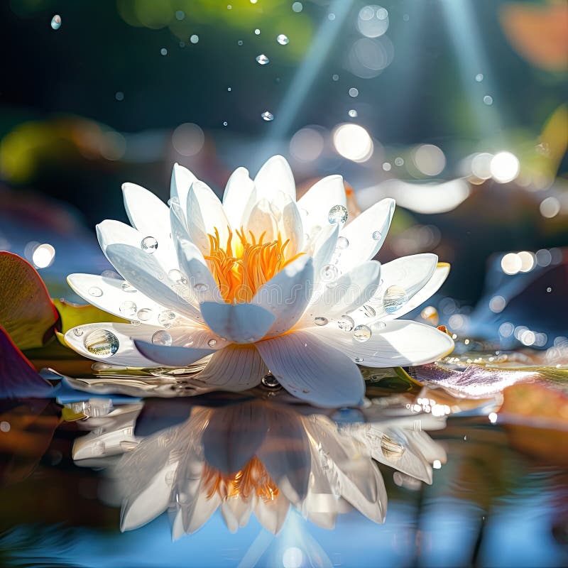 Beautiful White Water Lily with Dew Drops on the Water Surface Stock ...