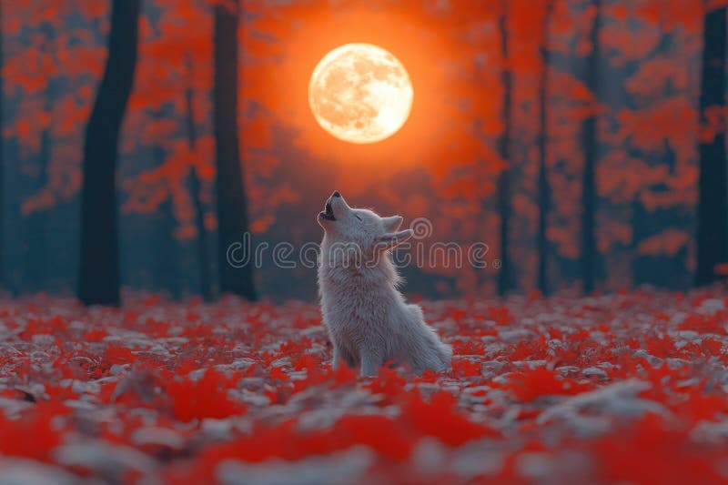 Arctic Wolf Howling at the Blood Red Moon in Autumn Forest Stock ...