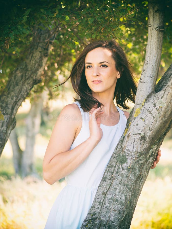 Beautiful White Woman in Nature Stock Image - Image of brunette, face ...