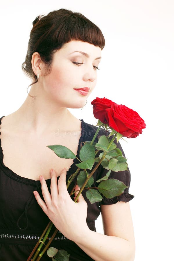 Beautiful White Woman with Red Roses Stock Photo - Image of hand, aroma ...