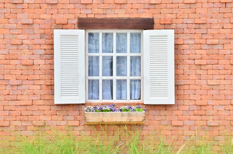Beautiful White Wooden Window on Brick Wall Stock Image - Image of ...