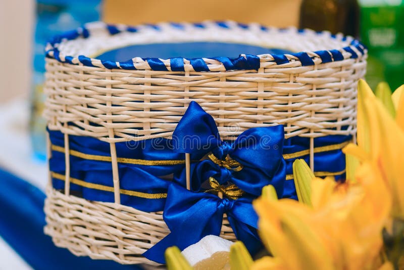 Beautiful Wicker Box with Blue Hand Made Bows Stock Image - Image of ...