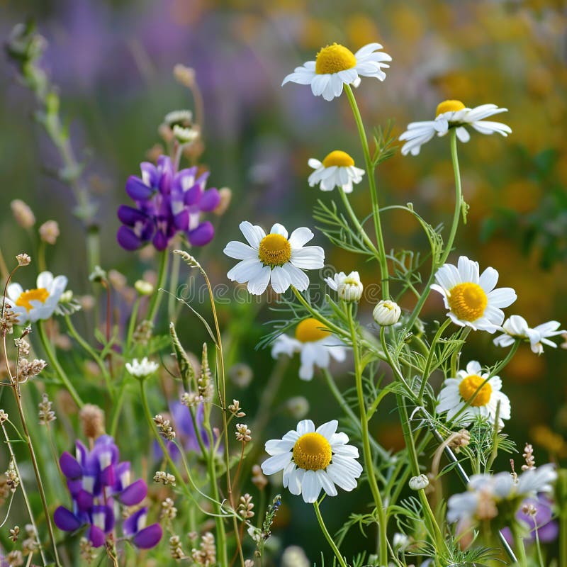 Beautiful Wild Flowers Chamomile, Purple Wild Peas Stock Photo - Image ...
