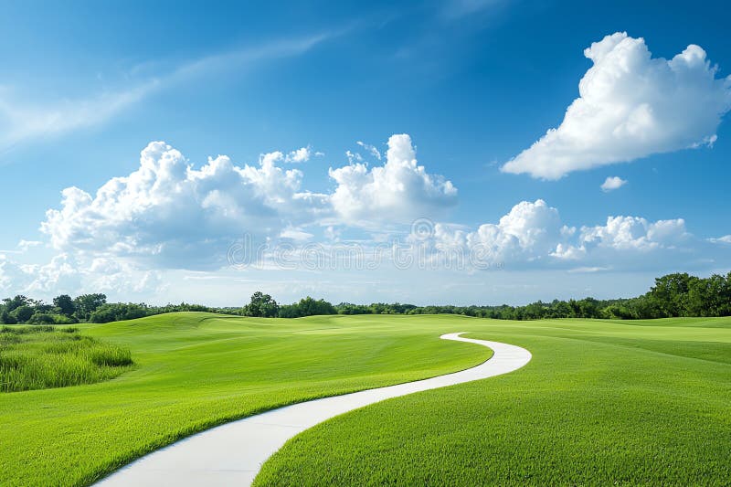 A Beautiful Winding Path through Lush Green Grass Under a Bright Blue ...