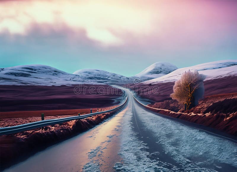 Beautiful Winter Landscape with Asphalt Road and Trees. 3d Rendering ...