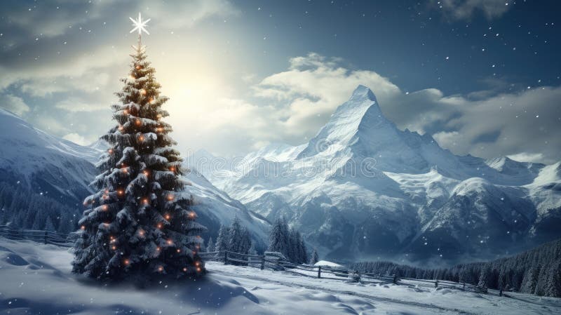 Beautiful Winter Landscape with a Christmas Tree with Mountains ...