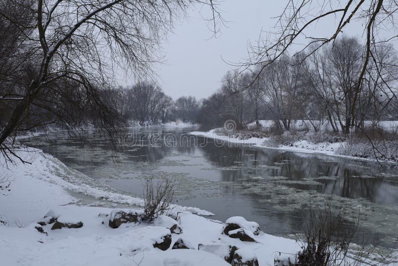 Beautiful Winter Landscape and Cold River with Snow Stock Image - Image ...