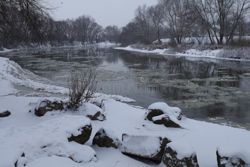 Beautiful Winter Landscape and Cold River with Snow Stock Image - Image ...