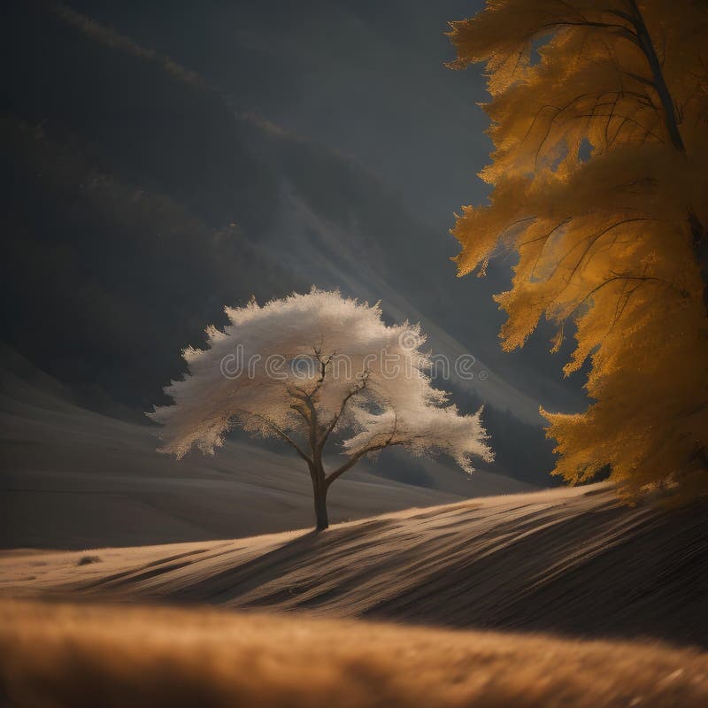 Beautiful Winter Landscape with Lonely Tree in the Field. Generative Ai ...