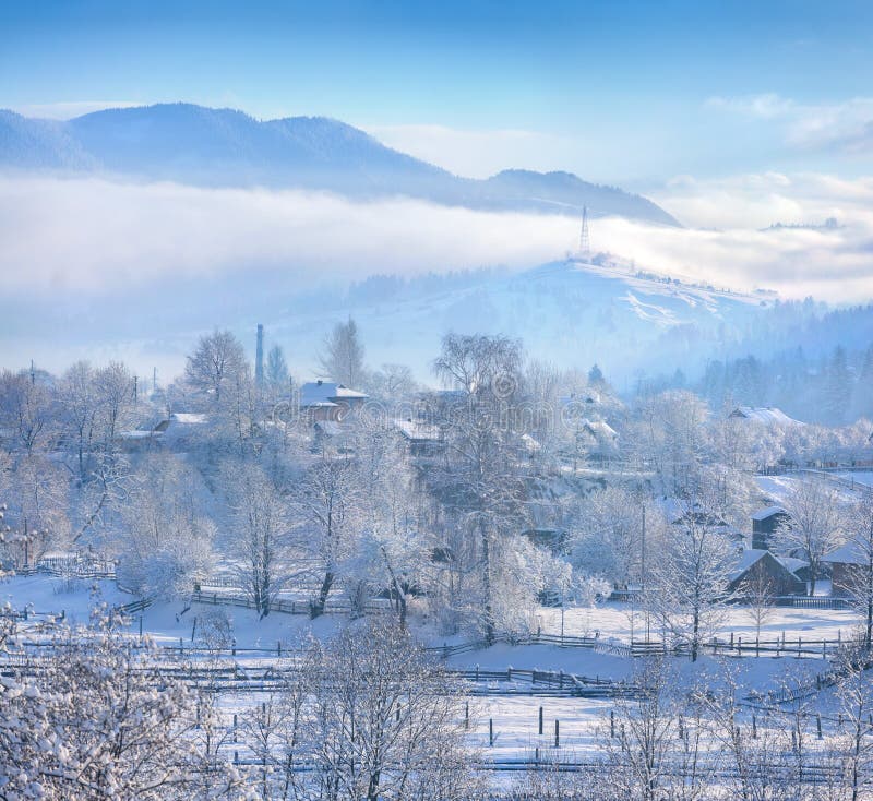 Beautiful Winter Landscape in the Mountain Village Stock Photo - Image ...