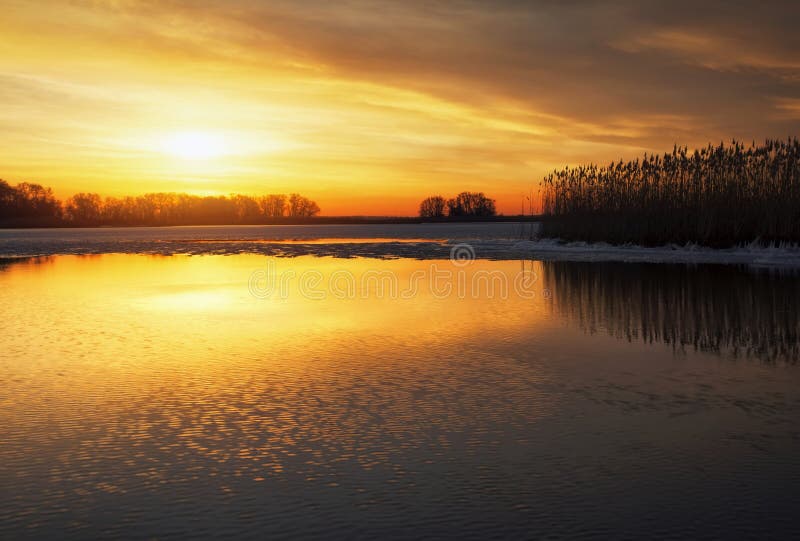 Beautiful Winter Landscape with River, Reeds and Sunset Sky ...