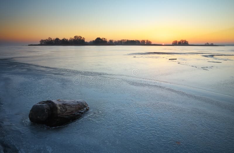 Beautiful Winter Landscape with Stump in the Ice Stock Image - Image of ...