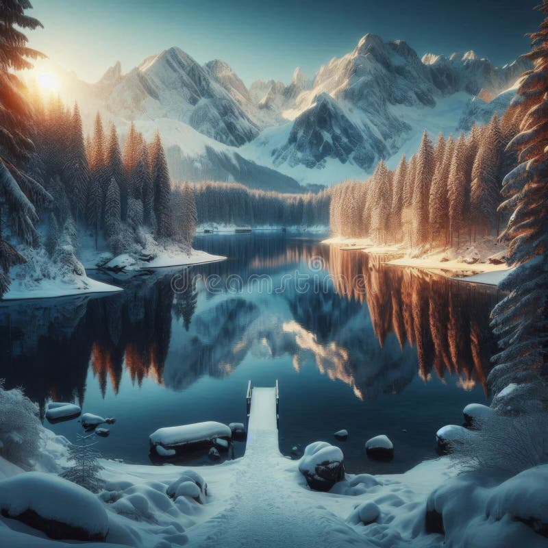 Beautiful Winter Landscape with Stunning Water Reflection Stock ...