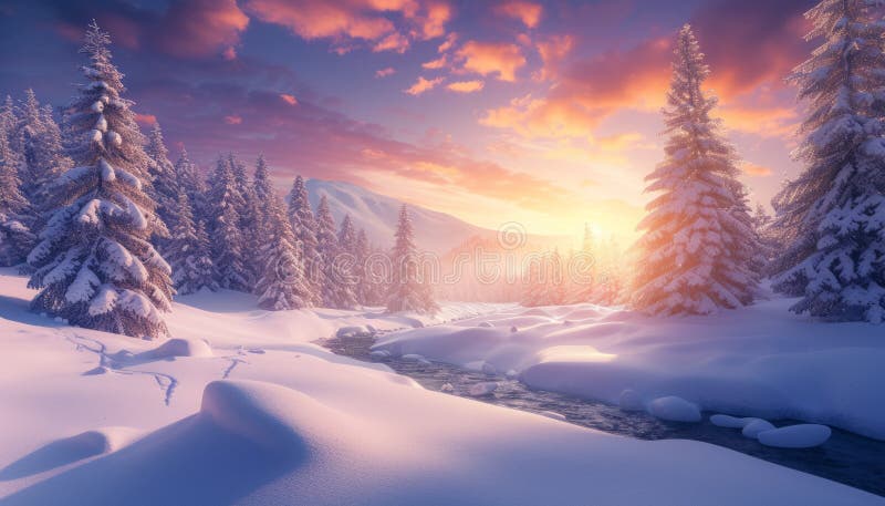 Winter Landscape, Winding Stream among a Winter Snow-covered Forest at ...