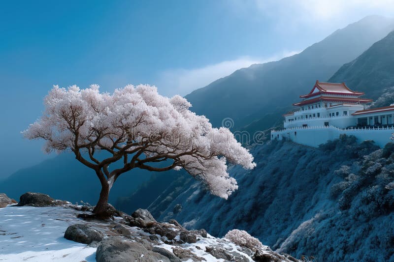 Beautiful Winter Mountain Landscape with a Tree and a Chinese Temple ...