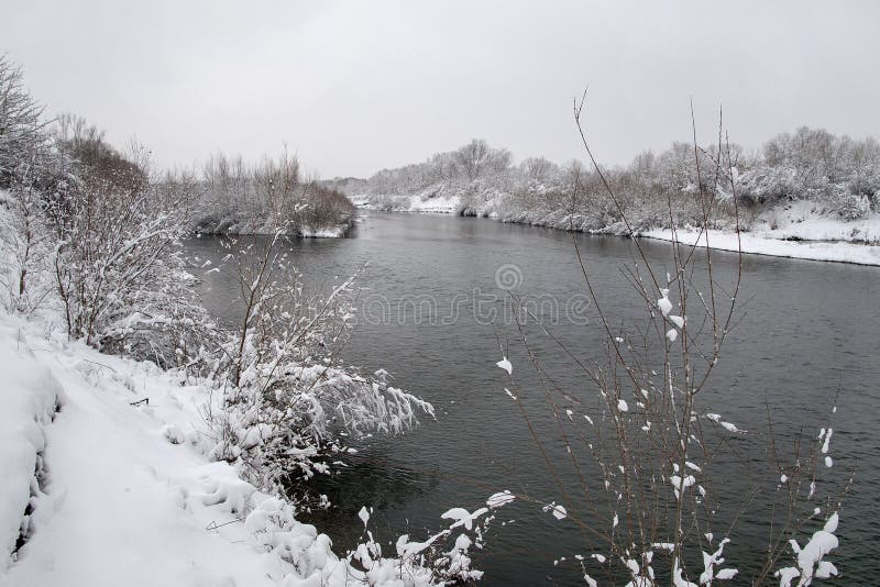 Beautiful Winter Scene on River after Heavy Snowfall. Branches O Stock ...