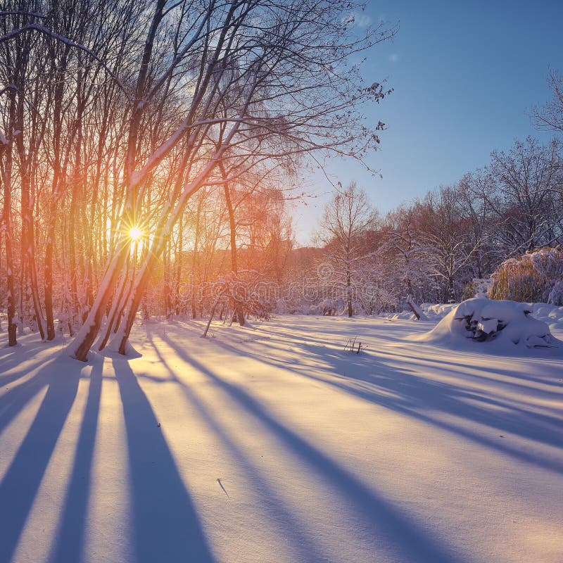 Beautiful Winter Sunset with Trees in the Snow Stock Photo - Image of ...