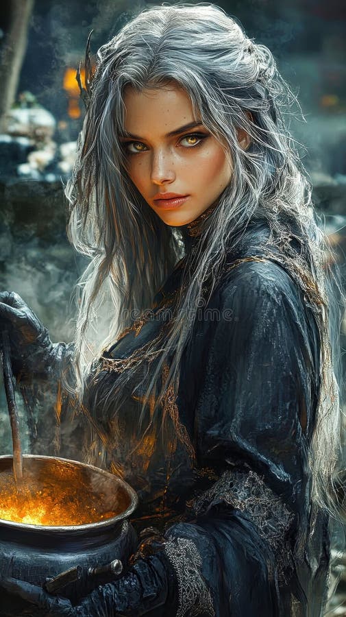 Beautiful Witch Casting a Spell in a Magical Forest at Night Stock ...