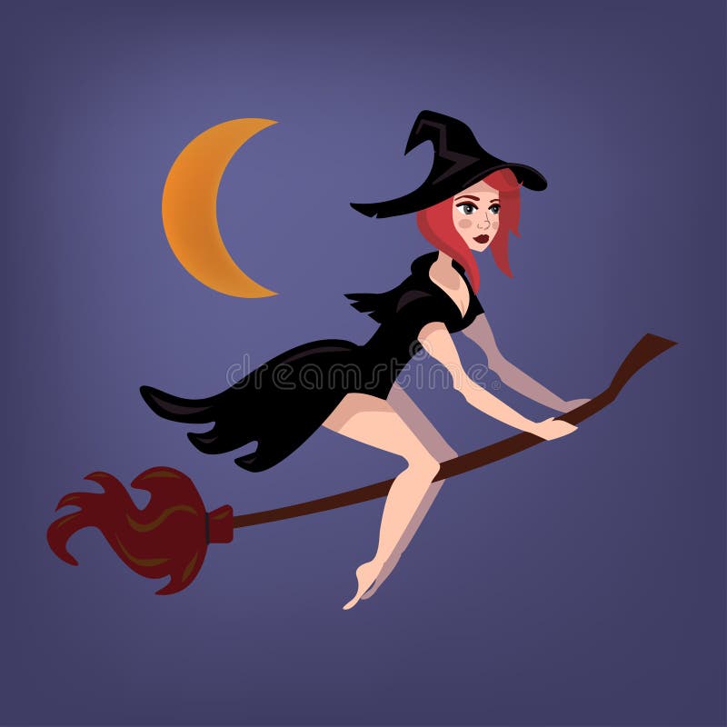 Beautiful Witch Flying on the Broom in the Halloween Night. Stock ...
