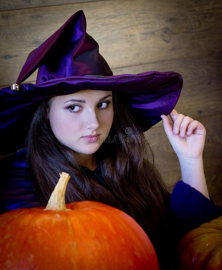 Beautiful Witch in Purple Halloween with a Broom Stock Image - Image of ...