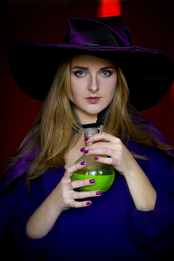 Beautiful Witch in Purple Halloween with a Broom Stock Image - Image of ...