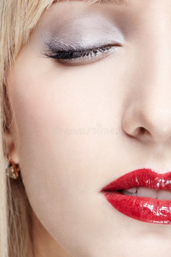 Beautiful Woman with Red Lips and Eye Makeup Stock Photo - Image of ...