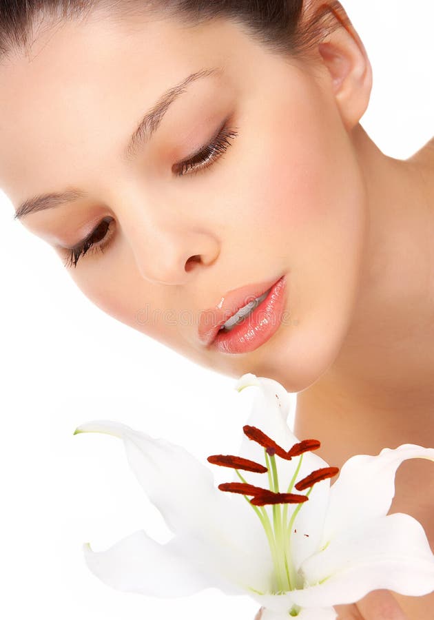 Lips with Flower. Close-up Beautiful Female Lips with Bright Lip Stock ...