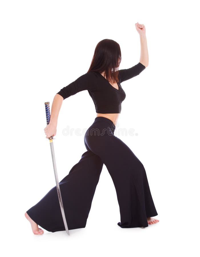 Beautiful Woman in an Aggressive Posture with a Sw Stock Photo - Image ...