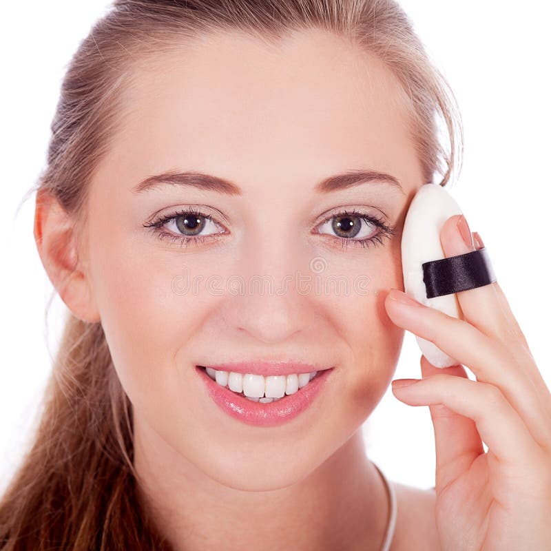 Beautiful Woman Applying Make Up on Face Stock Image - Image of eyes ...