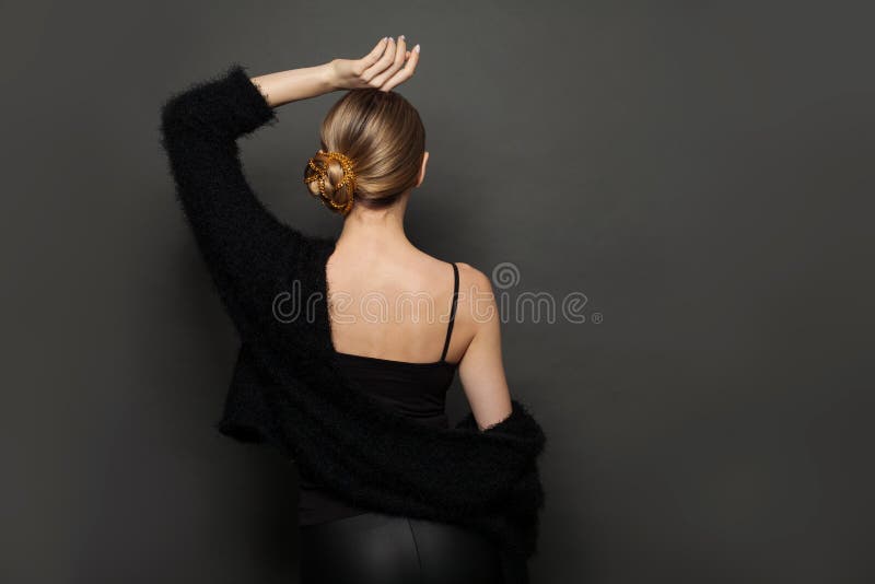 Beautiful Woman Back on Black Background Stock Image - Image of golden ...